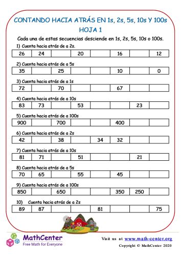 Contando Hacia Atrás En 1S 2S 5S 10S Y 100S Hoja 1 Hojas de
