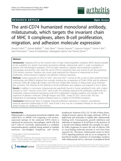 Pdf The Anti Cd74 Humanized Monoclonal Antibody Milatuzumab Which Targets The Invariant