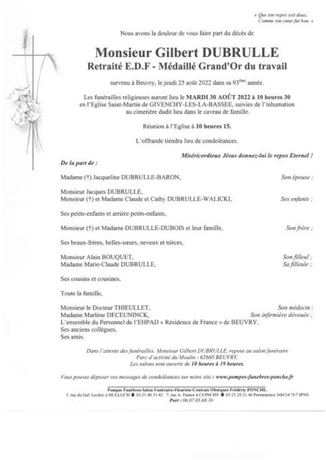 Avis de decès Pompes Funebres Ponche Frédéric