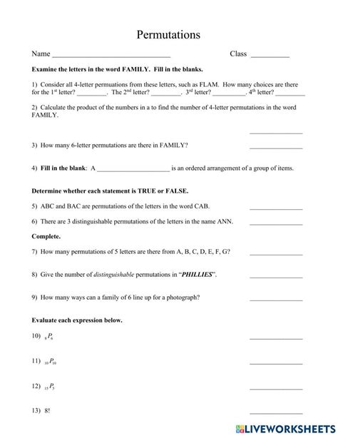 Permutation Worksheet 1 Online Exercise For Live Worksheets