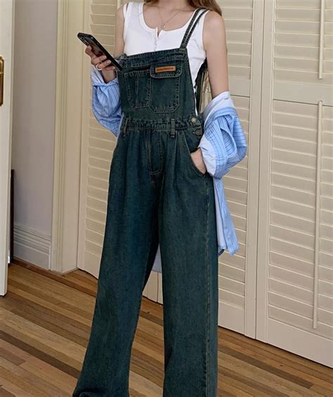 클로디 여름 레이어드룩 오버핏 앞포켓 빈티지 그린 데님 와이드 멜빵바지