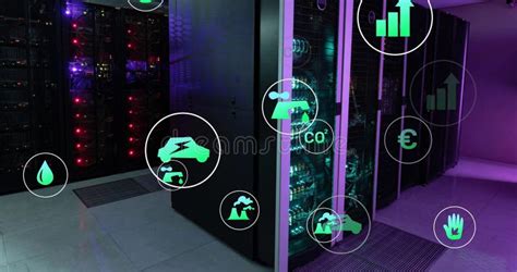 Image Of Green Technology Icons Moving Over Data Server Racks Stock