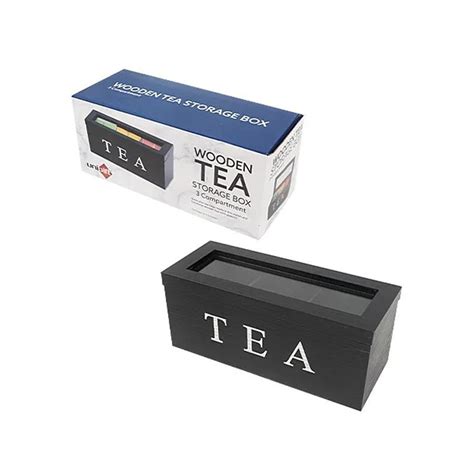 Black 3 Compartments Wooden Tea Bag Storage Chest Box With Glass Window