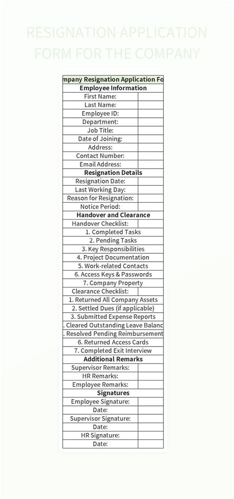 Free Unit Resignation Application Form Templates For Google Sheets And Microsoft Excel Slidesdocs