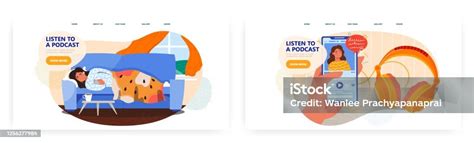 소파에 누워 음악을 듣고 소녀 휴대 전화 팟 캐스트 및 음악 스트림 응용 프로그램 팟 캐스트 개념 일러스트 벡터 웹 사이트 디자인 템플릿입니다 재생 목록 헤드폰 Live