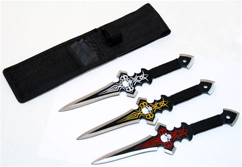 Set Of 3 Skull Design Black Throwing Knives With Sheath 6666