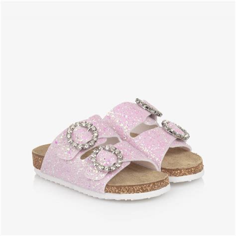Monnalisa Girls Pink Glitter Sandals With Diamanté Buckles