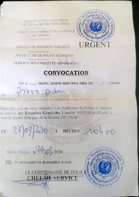 Côte dIvoire Assoa Adou convoqué à la préfecture de police dAbidjan