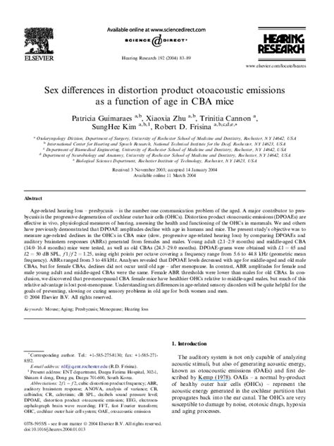 Pdf Sex Differences In Distortion Product Otoacoustic Emissions As A