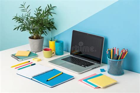 Creative Office Desktop Workspace Blue Mock Up Generated By Ai Stock Illustration
