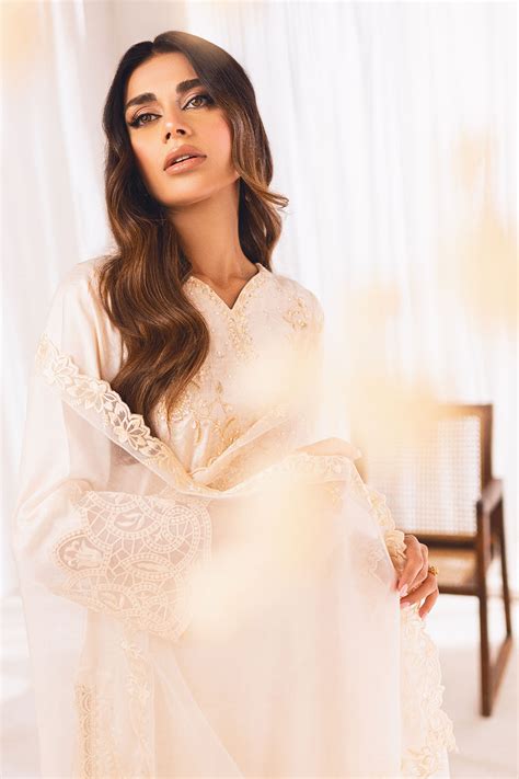Embellished Ivory Pakistani Salwar Kameez Dupatta Suit Nameera By Farooq