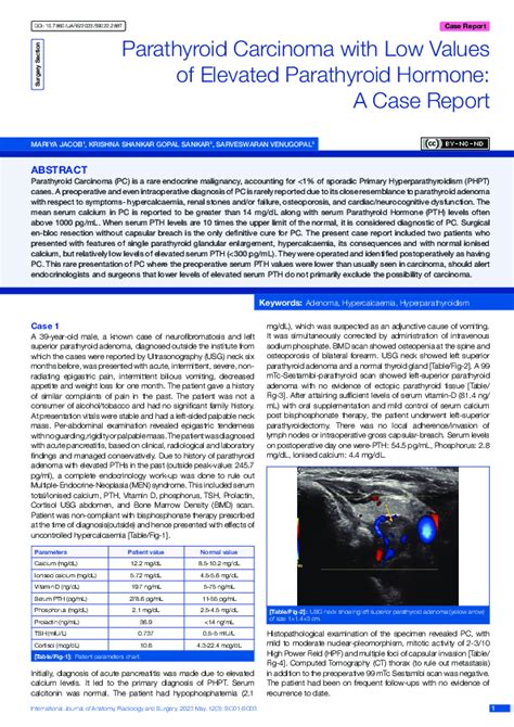 Pdf Parathyroid Carcinoma With Low Values Of Elevated Parathyroid Hormone A Case Report