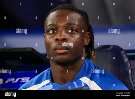Jeremy Doku Of Manchester City On The Substitutes Bench At The UEFA Champions League Match
