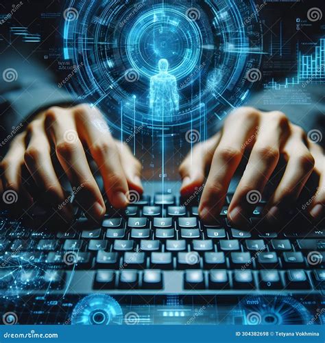 close up of hands typing on a keyboard with futuristic holographic data overlays stock