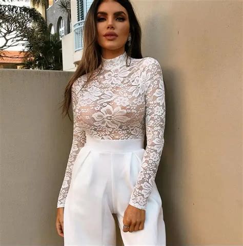 2018 Elegant Floral White Lace Bodysuit Women High Neck Sexy Bodysuit Bodycon Long Sleeve See