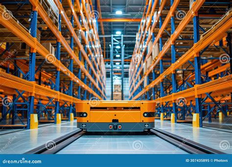 A Smart Guided Vehicle Robot That Transports Material In Warehouse Stock Image Image Of
