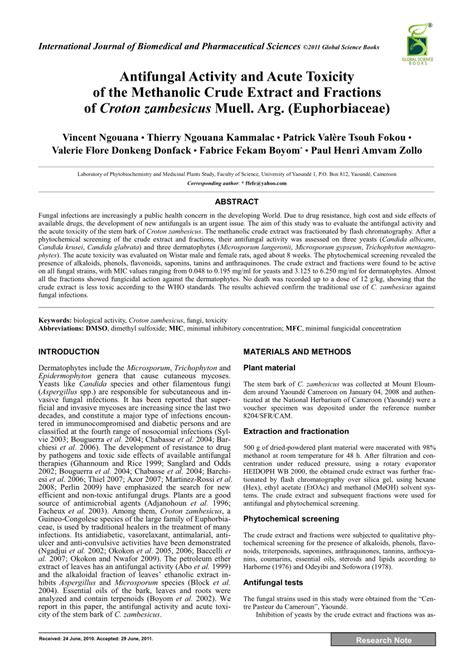 Pdf Antifungal Activity And Acute Toxicity Of The Methanolic Crude