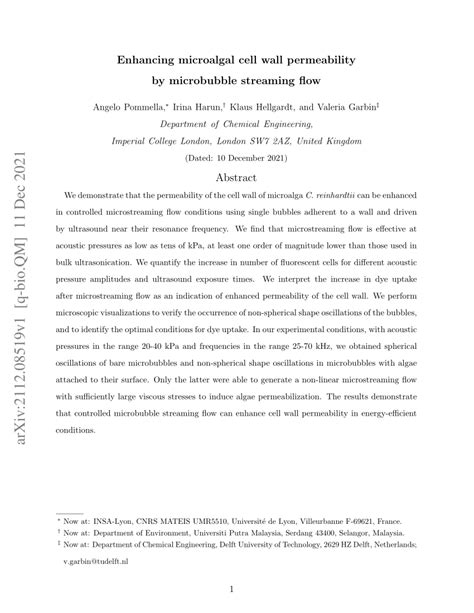 Pdf Enhancing Microalgal Cell Wall Permeability By Microbubble Streaming Flow