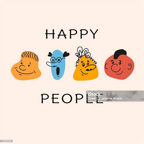 장난기 넘치는 표정과 대담한 색상으로 행복한 만화 얼굴 4개를 그린 귀엽고 기발한 일러스트 텍스트는 Happy People입니다 포스터 스티커 어린이 콘텐츠 및 브랜딩에