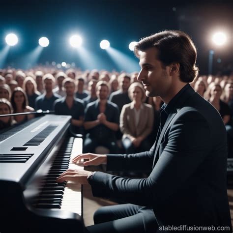 Man Performing Keyboard To Large Crowd Stable Diffusion Online