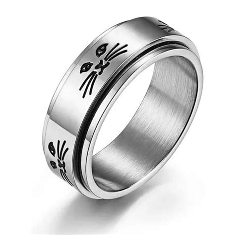 Cute Cat Training Rotating Stainless Steel Ring For Women Silvery