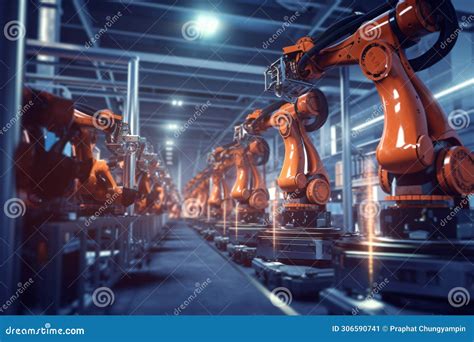 Automated Robotic Arms In A High Tech Factory Setting Stock