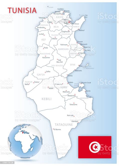 詳細的突尼西亞行政地圖與國旗和位置在藍色地球儀上向量圖形及更多一組物體圖片 一組物體 信息圖形 分離 Istock