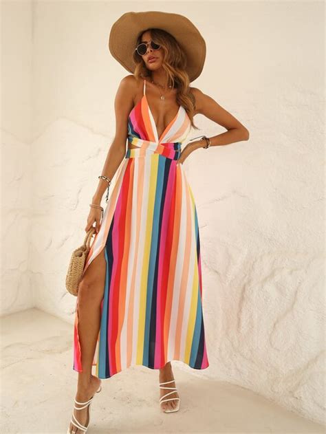 Shein Vcay Vertical Striped Crisscross Tie Backless Split Thigh Cami