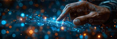 Persons Hand Touching Digital Screen With Blue Background And Displayed
