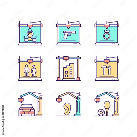 3d Printing Process Rgb Color Icons Set Design Representation Rapid Prototyping Modern