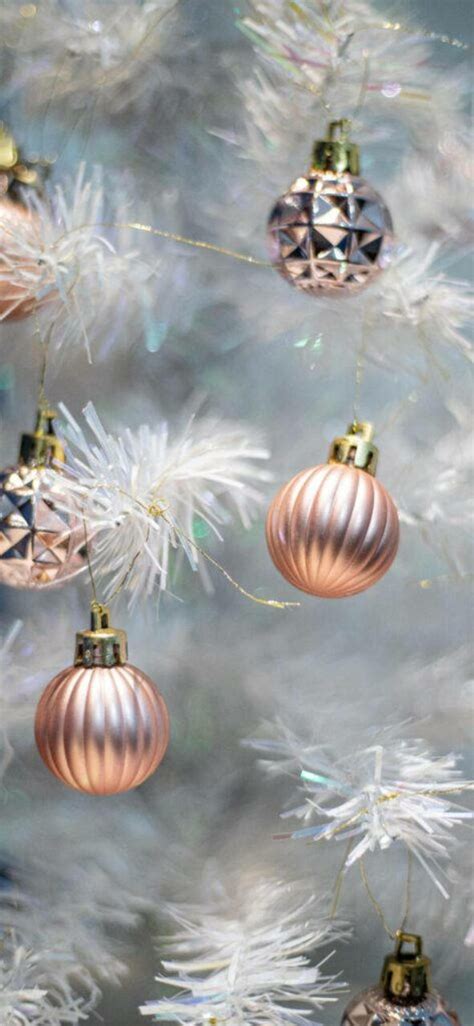 Rose Gold Ornaments On Frosted Tree Wallpaper Background Free