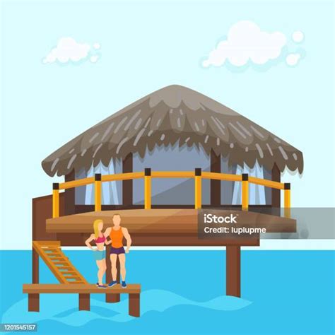 바다 바다 방갈로 집 벡터 그림에서 해변 휴가에 커플 가족 남자와 여자 여자 관광객 여행자 이국적인 열 대 섬 리조트에서 휴식 가족에 대한 스톡 벡터 아트 및 기타 이미지