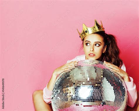 Young Cute Disco Girl On Pink Background With Disco Ball And Cro Stock