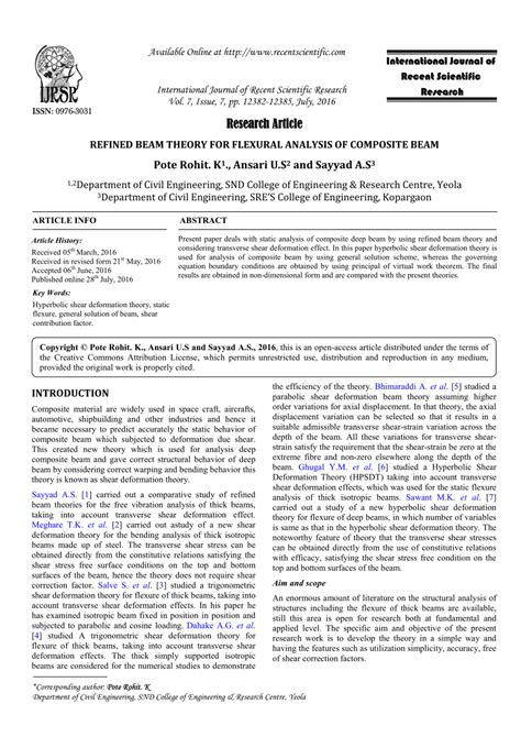 Pdf Refined Beam Theory For Flexural Analysis Of Composite Beam