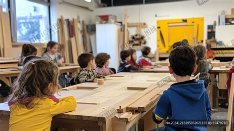 Ai创作图木艺教室 幼儿园榫卯学堂 木工教学 木工教育 小木匠学堂 儿童中心活动学校 木工教室 私立学校幼教 艺术课堂 木工学位 美术课上