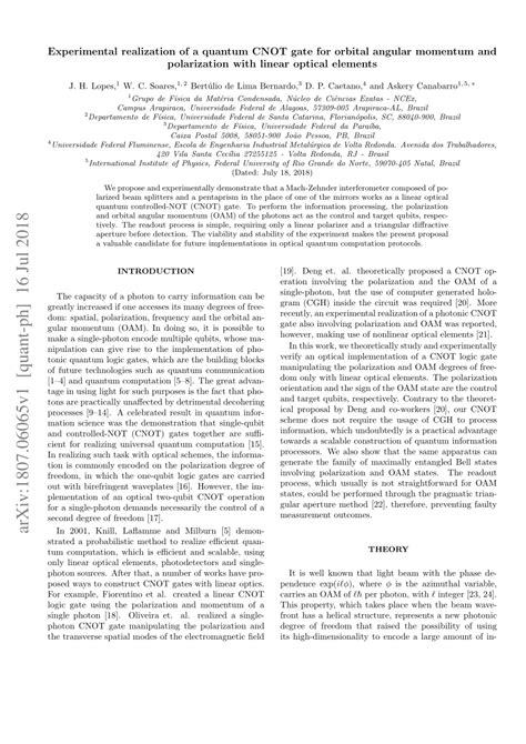 Pdf Experimental Realization Of A Quantum Cnot Gate For Orbital
