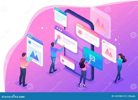 Isometric Process Of Creating Application Design Stock Vector Illustration Of Designer Bright