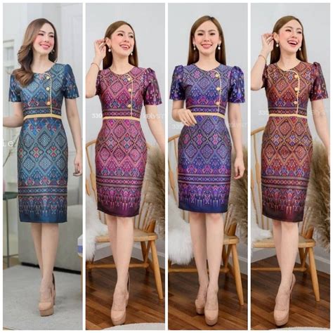 S 2xl ชุดเดรสผ้าทอแพรวากาฬสินธิ์ กุ้นทอง ติดกระดุมปั๊ม งานอัดกาว Bblovely Shop Thaipick