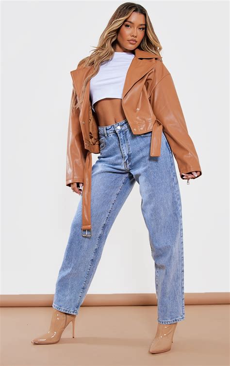 Tan Faux Leather Relaxed Fit Belted Biker Jacket Prettylittlething Usa
