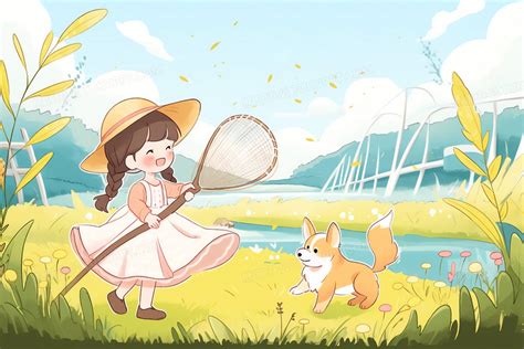 卡通戴草帽的小女孩带着小狗在野外抓蝴蝶插画图片素材下载 jpg格式 熊猫办公