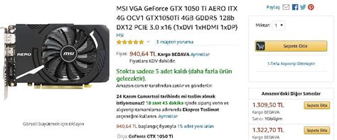 MSI VGA GeForce GTX 1050 Ti AERO ITX 4G 940 TL Amazon DonanımHaber Forum