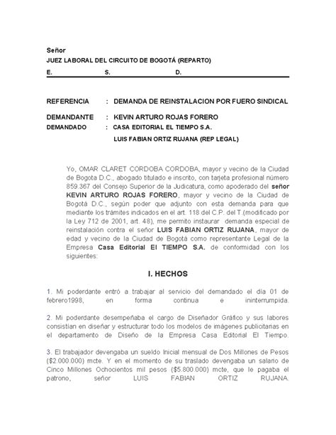 Demanda Reinstalacion 005 Señor JUEZ LABORAL DEL CIRCUITO DE