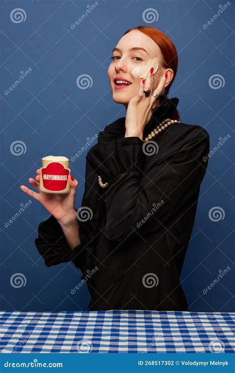 Food Sauce Beautiful Young Girl With Mayonnaise On Face Over Blue