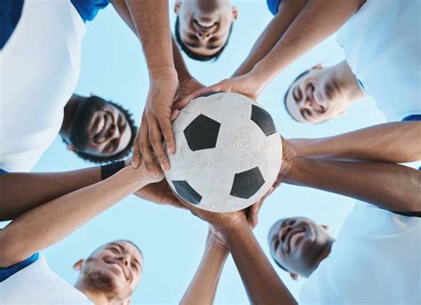 Soccer Ball Support Or Team In A Huddle For Motivation Goals Or Group
