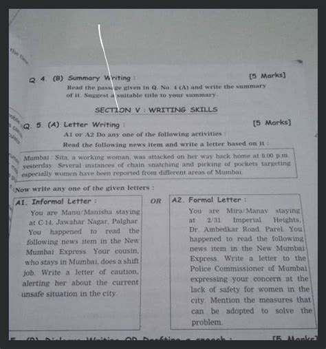 Q 4 B Summary Writing 5 Marks Read The Passage Given In Q No I