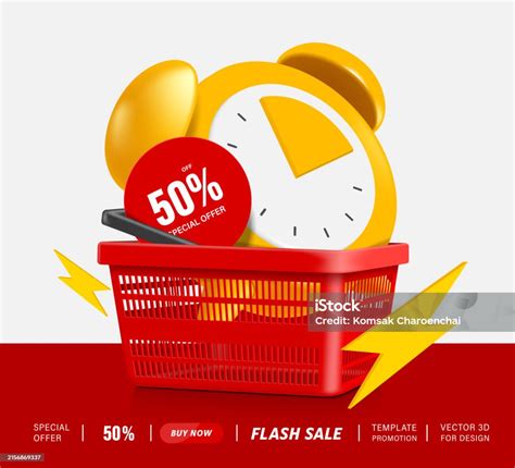 플래시 세일 광고 노란색 알람 시계 기간 한정 알림 및 50 할인 프로모션 표시가 빨간색 원으로 표시되었습니다 빨간색 쇼핑 바구니에 배치 광고 디자인을위한 벡터 3d 3차원