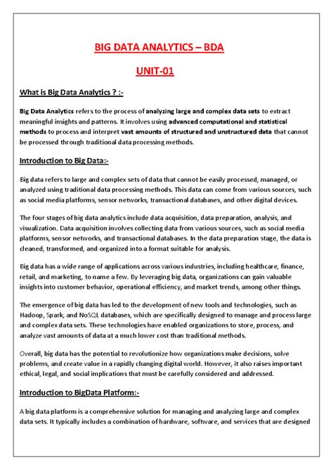 BDA Unit 1 Hbjh BIG DATA ANALYTICS BDA UNIT 01 What Is Big Data Analytics Big Data