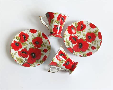 Red Poppies Set Of 2 Espresso Cups Saucers Vintage Porcelain Small