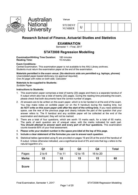 Final Exam 2017 Final Examination Semester 1 201 7 Stat2008 Regression Modelling Research