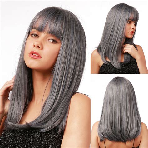 Grey Wig With Highlights 16 Inches Straight Synthetic Bob Wig With